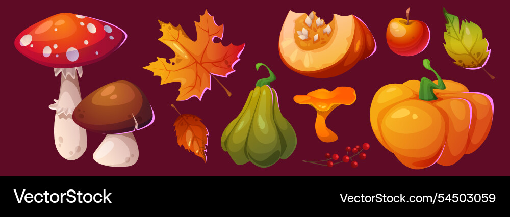 Autumn leaves icon fall pumpkin and mushroom set Vector Image
