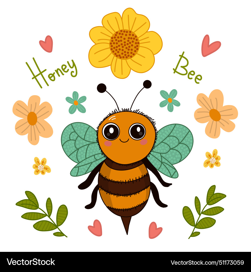 Cute bee and flowers Royalty Free Vector Image