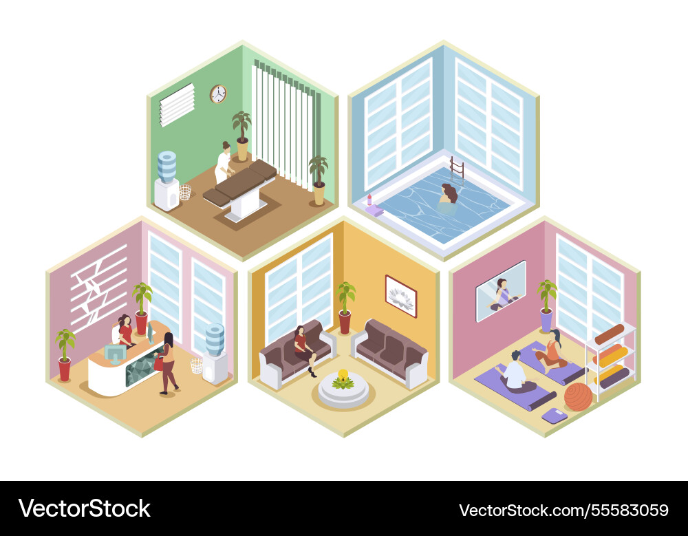 Wellness center 3d isometric rooms concept in Vector Image