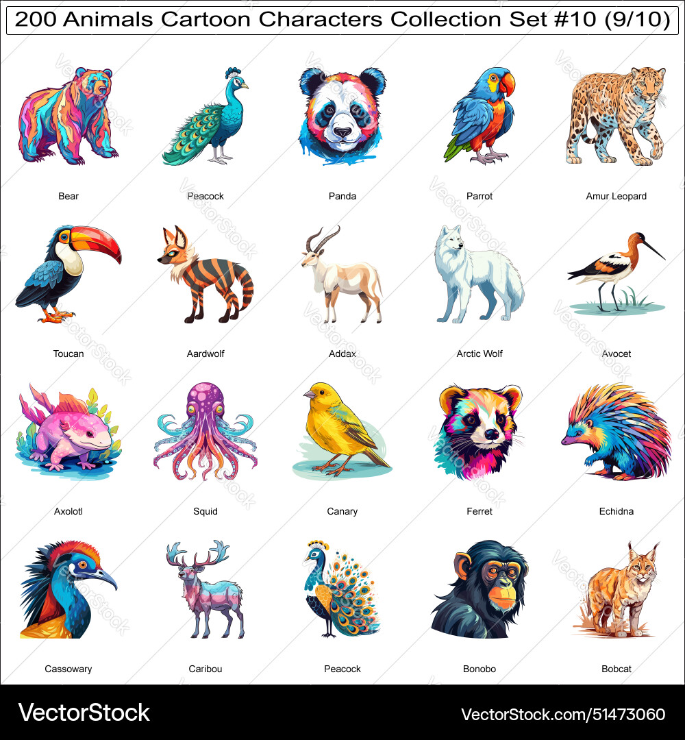 200 animals cartoon characters collection set 10 Vector Image