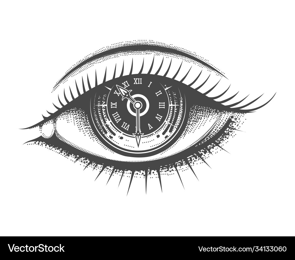 Clock face inside human eye hand drawn Royalty Free Vector