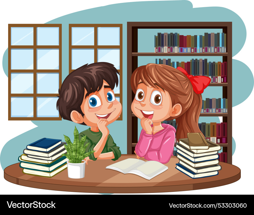 Two kids studying together in a library Royalty Free Vector