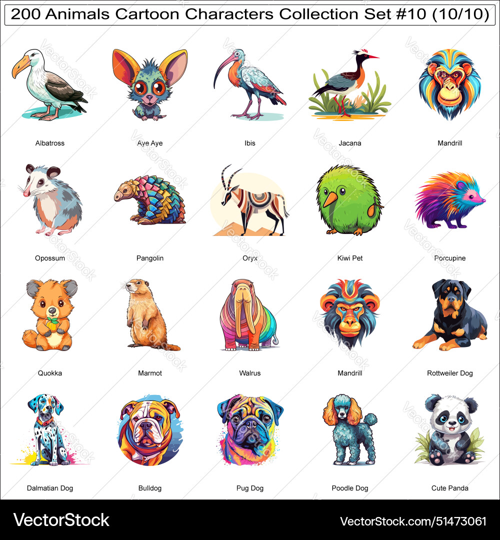 200 animals cartoon characters collection set 10 Vector Image