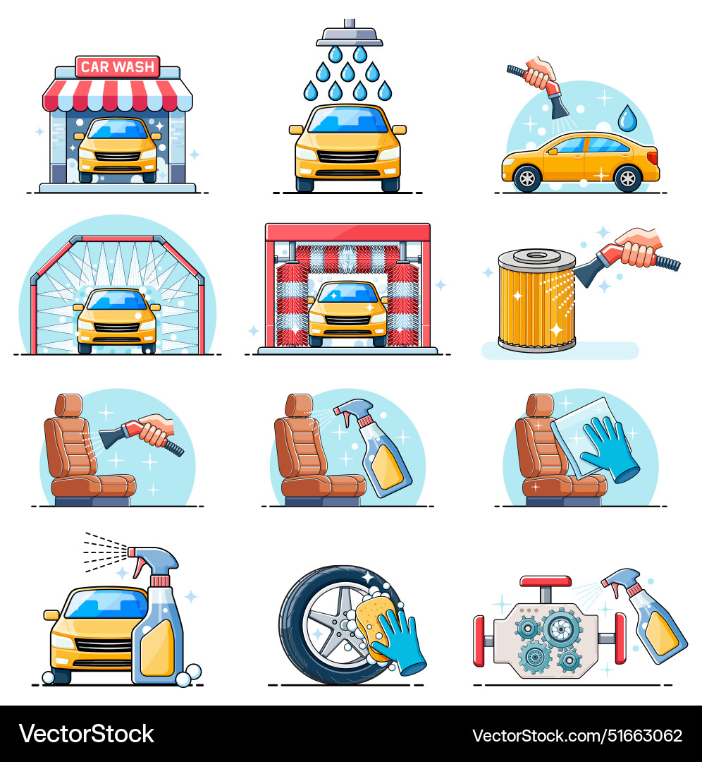 Car Wash Icon Set - Modern & Colorful Vector Image
