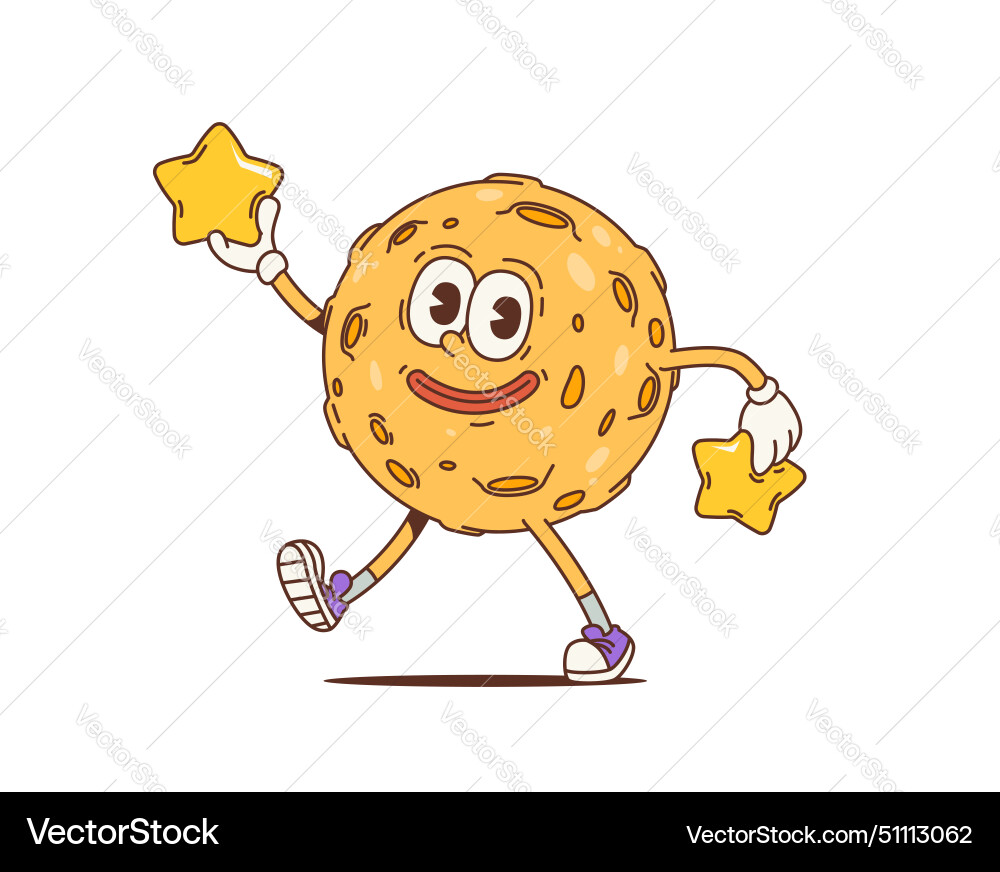 Cartoon retro moon groovy character with stars Vector Image