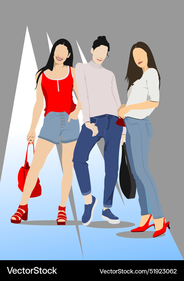 Three young girls 3d color hand drawn Royalty Free Vector