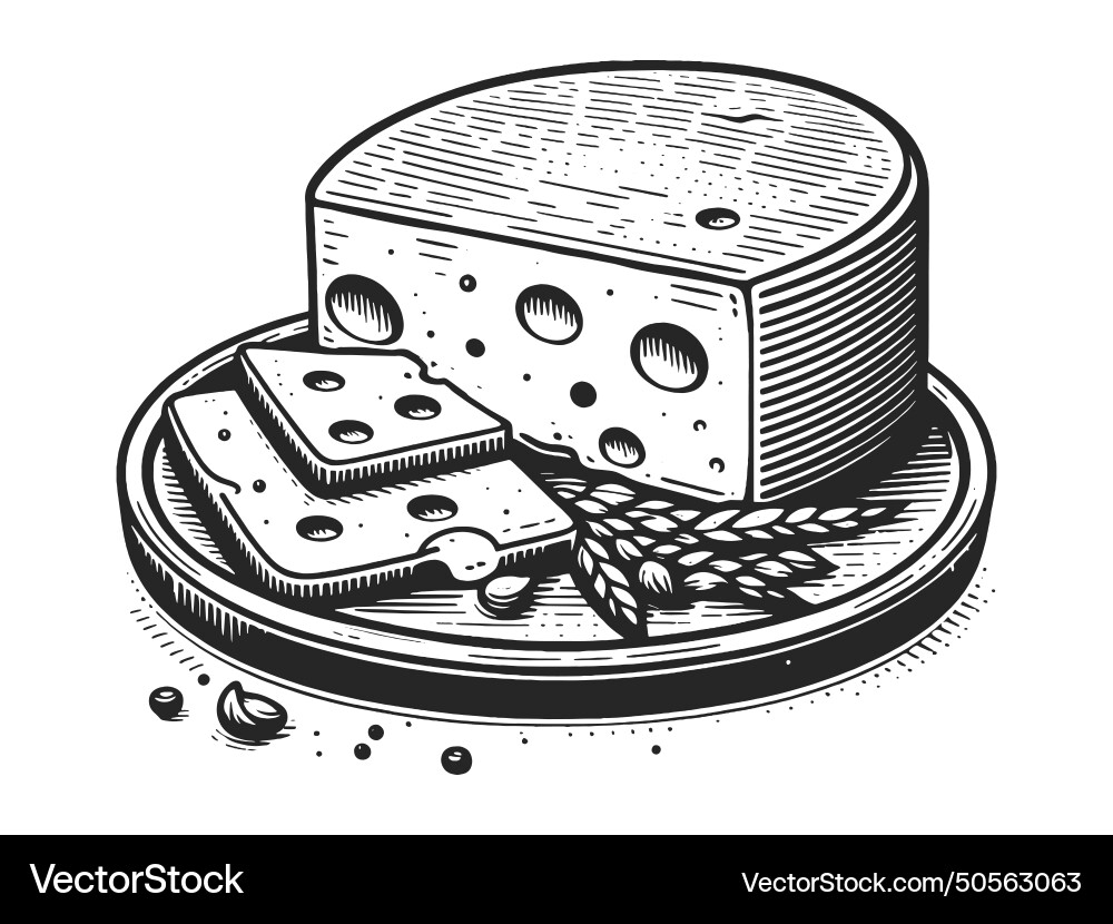 Engraved cheese wheel slices plate sketch Vector Image