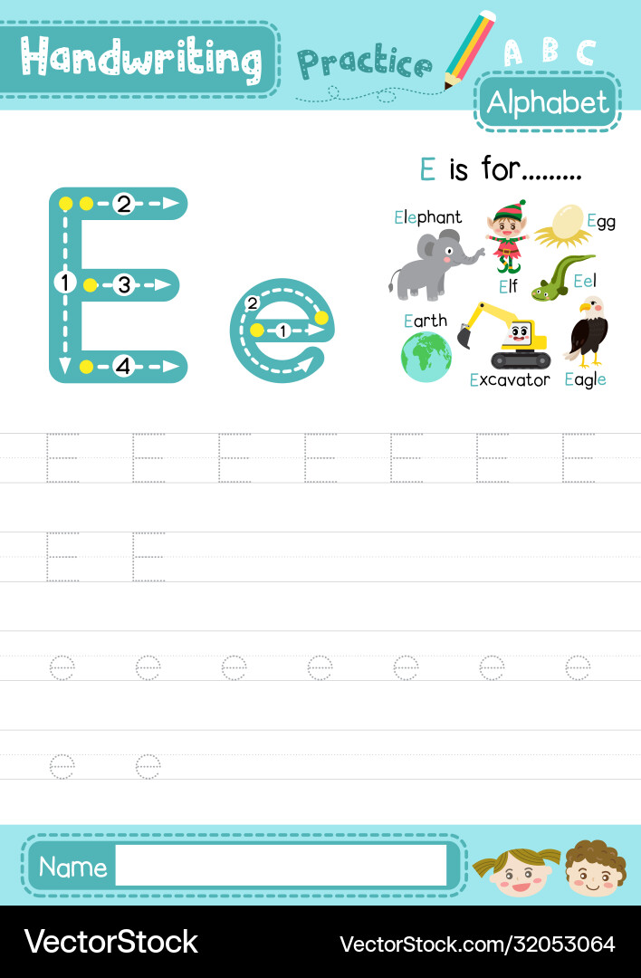 Letter e uppercase and lowercase tracing practice Vector Image