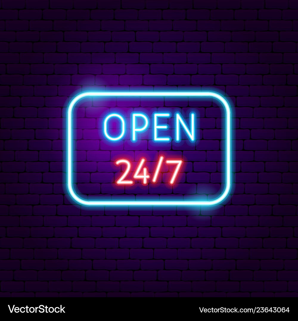 Open 24 7 neon sign Royalty Free Vector Image - VectorStock