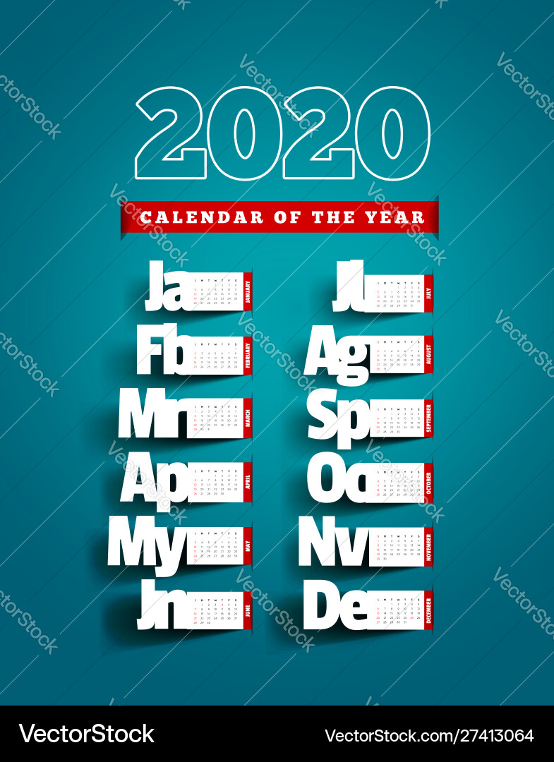 Paper cut calendar with shadow yearly 2020 Vector Image
