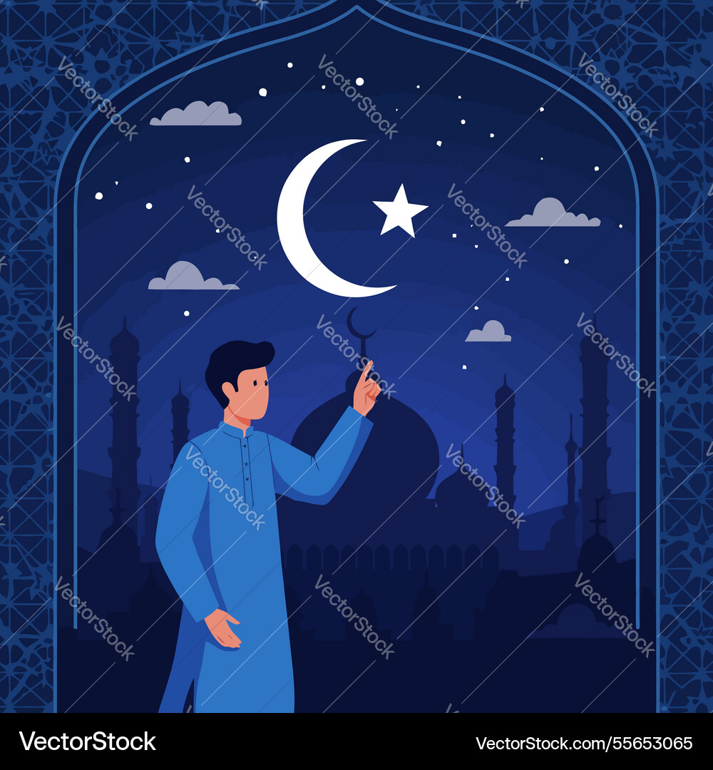 Man points to crescent moon above mosque during Vector Image