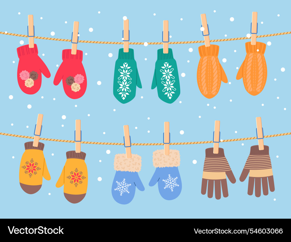 Cute knitted mittens and gloves hang Royalty Free Vector