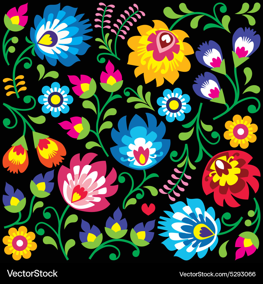 Floral polish folk art pattern on black Royalty Free Vector
