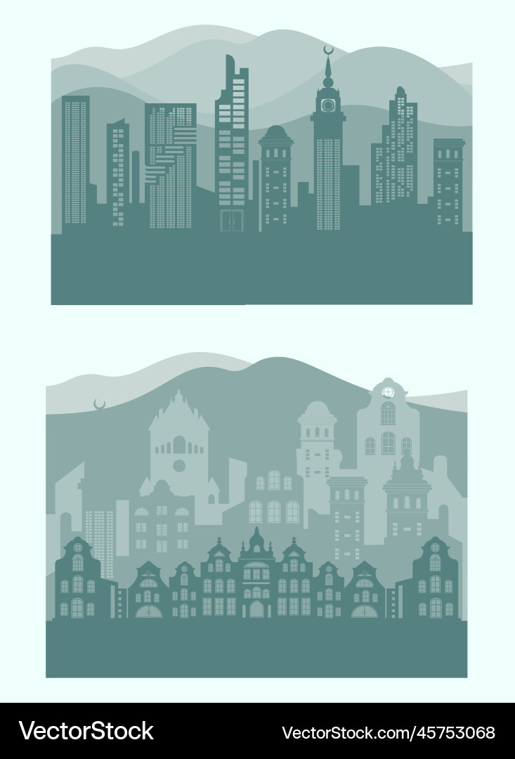 Green building with mountain silhouette Royalty Free Vector