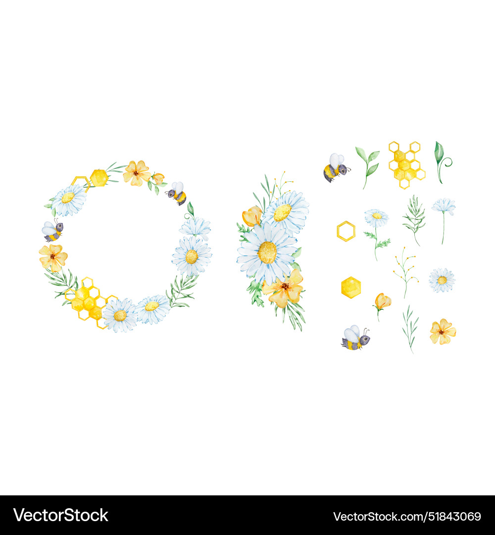 Watercolor floral frame with bee honeycomb daisy Vector Image