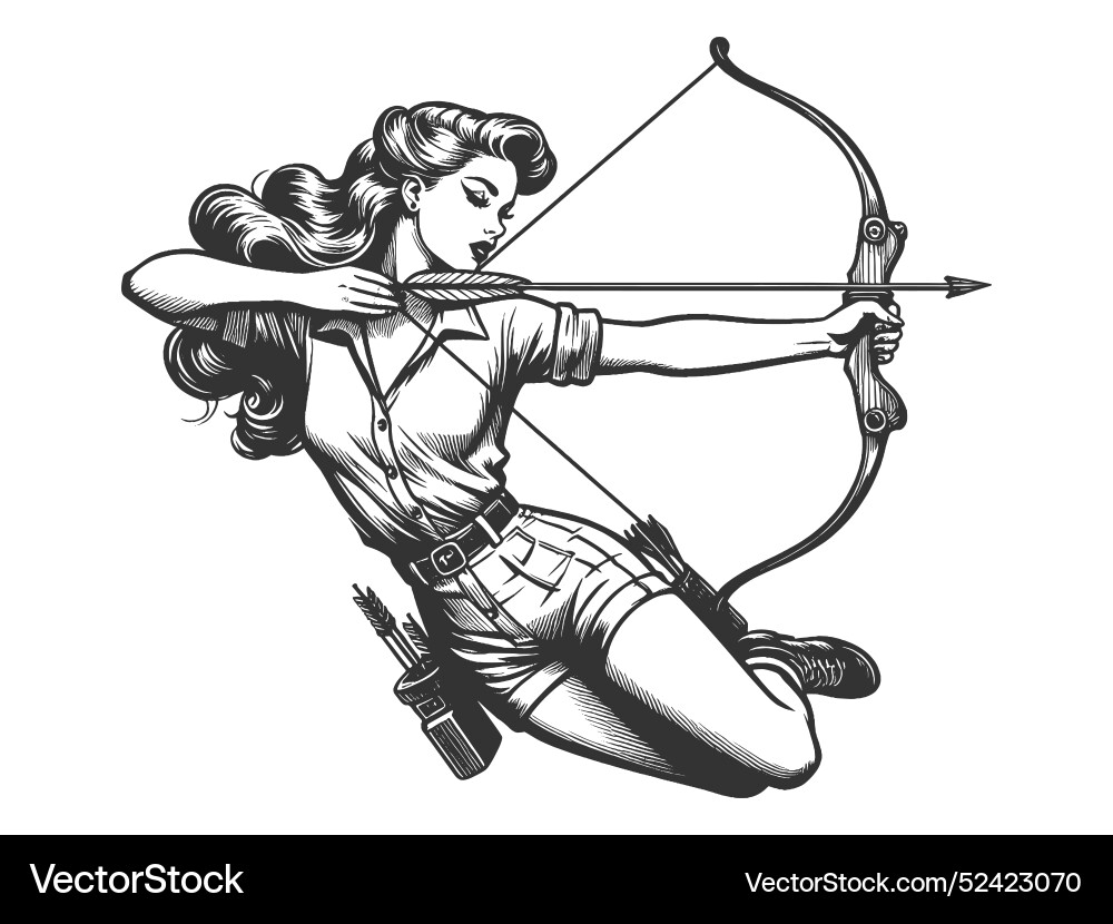 Archer woman engraving sketch Royalty Free Vector Image