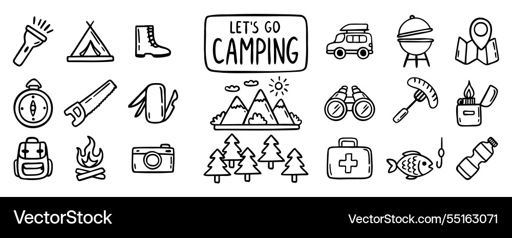 Camping equipment doodle hand drawn icon set Vector Image