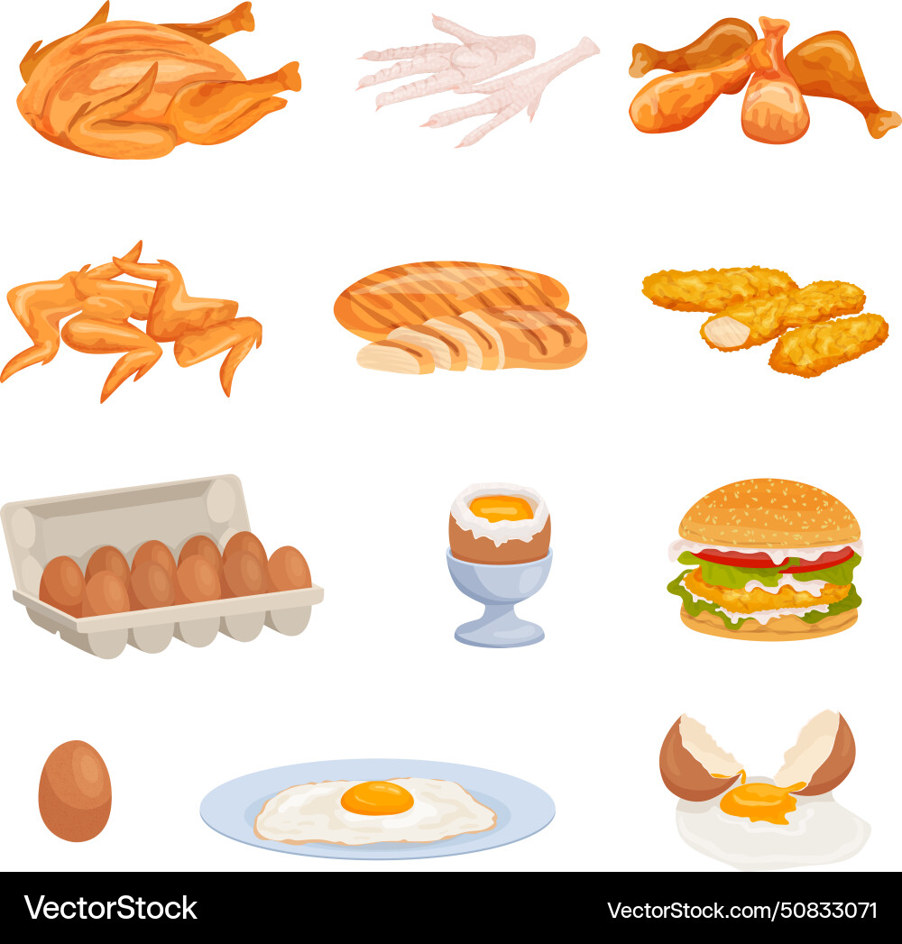 Chicken products flat set Royalty Free Vector Image