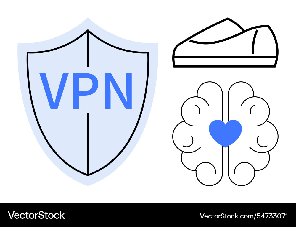 Shield with vpn text sneaker and brain Royalty Free Vector