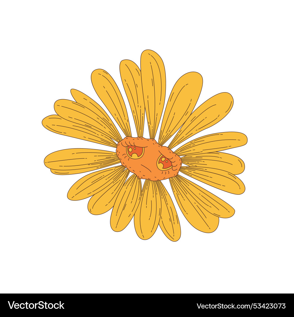 Groovy sad flower with psychedelic eyes on face Vector Image