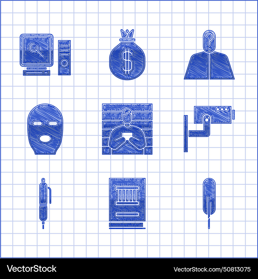 Set suspect criminal law book feather pen Vector Image