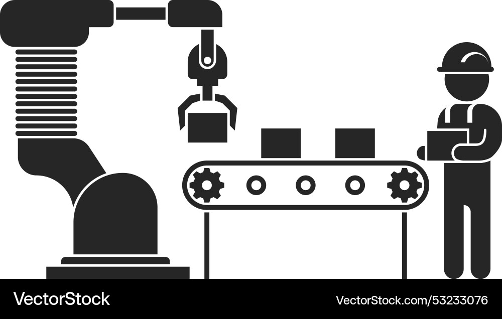 Factory conveyor belt with working man Royalty Free Vector