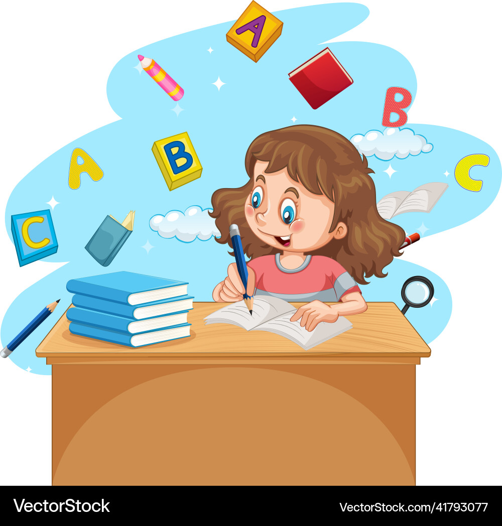 A girl doing homework with books on white Vector Image