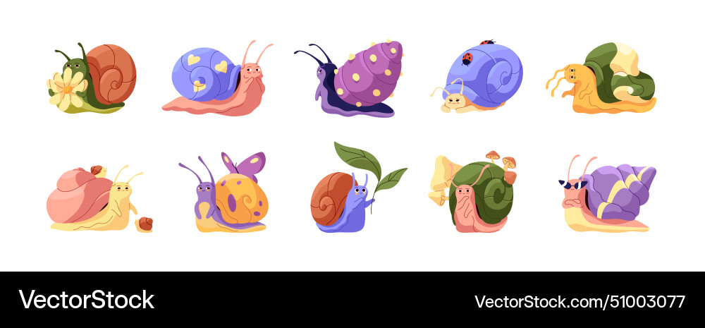 Cute snail characters set different slugs with Vector Image
