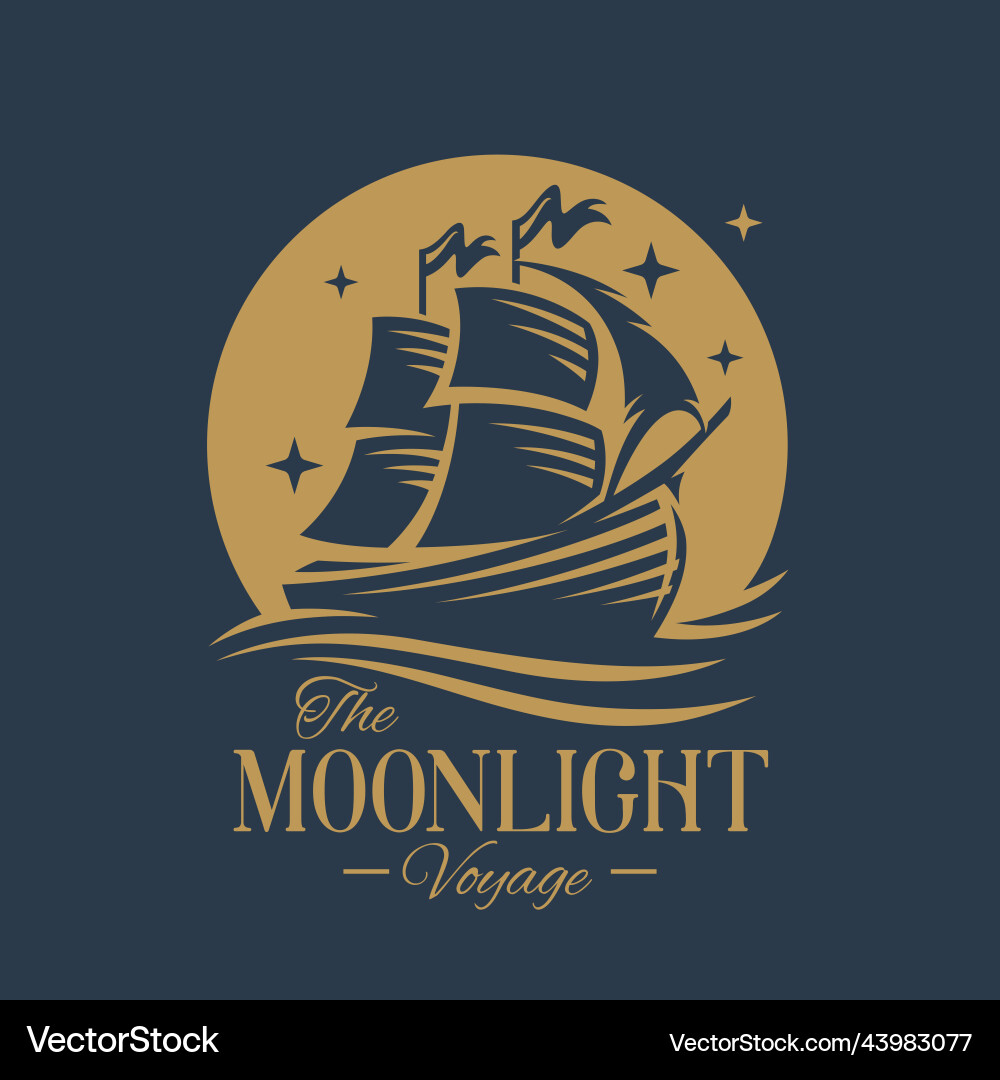 Full moon vintage sailing ship logo Royalty Free Vector
