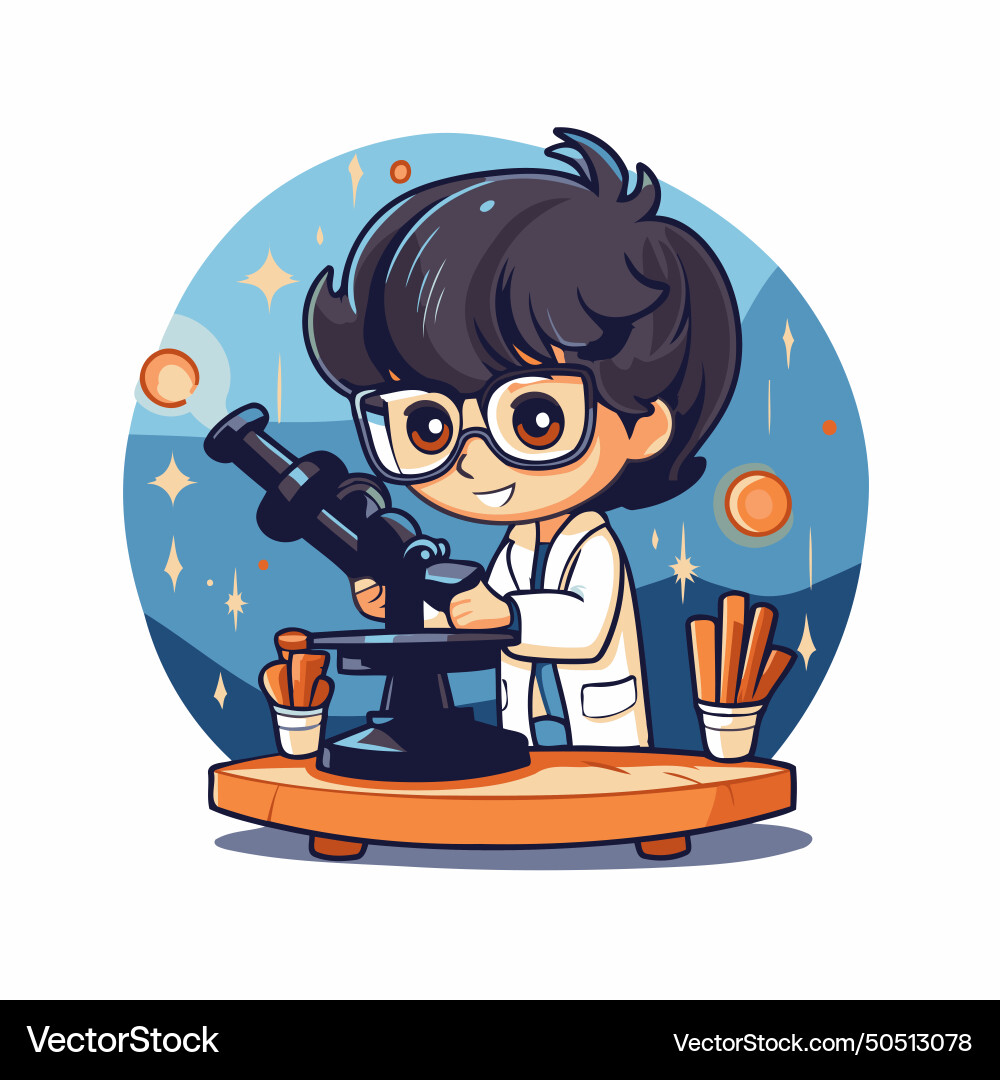 Cartoon boy scientist with microscope Royalty Free Vector