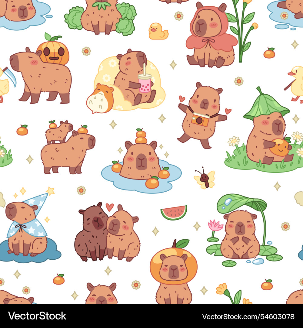 Cartoon happy capybaras seamless pattern funny Vector Image