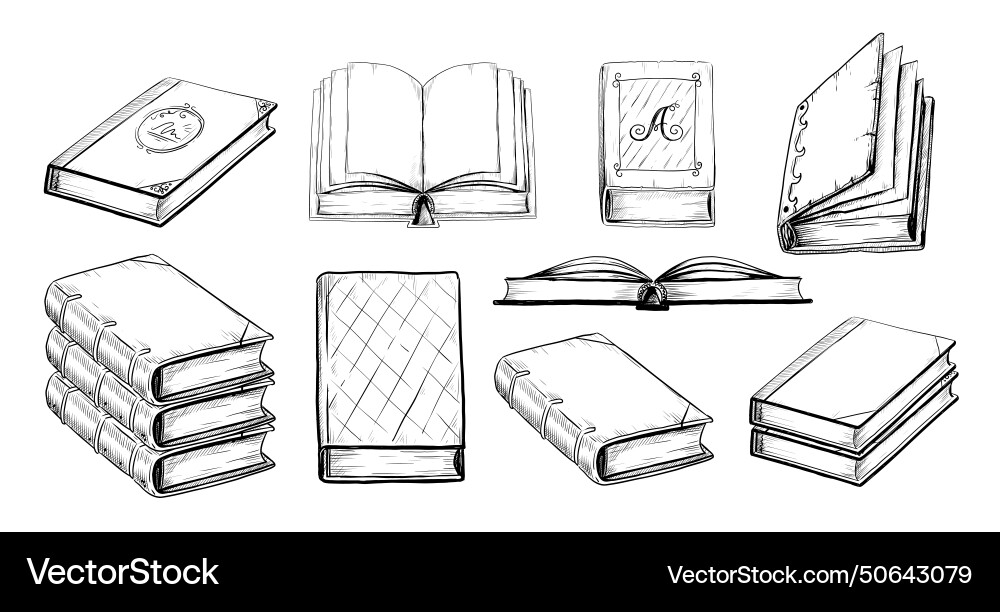 Hand drawn books open and closed notebooks Vector Image