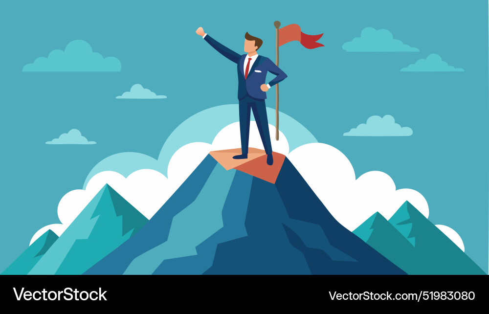 Businessman standing victorious with flag Vector Image