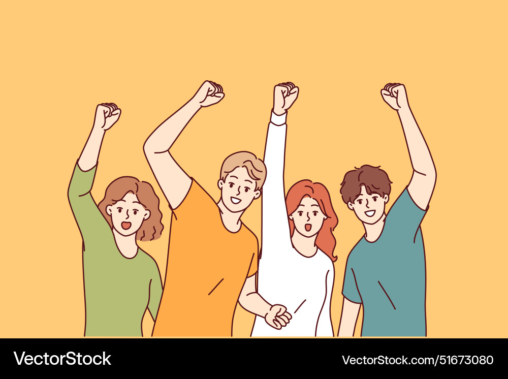 Joyful people celebrates victory by raising hands Vector Image