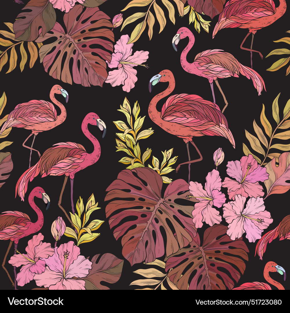 Tropical pattern with flamingo and palm leaves Vector Image