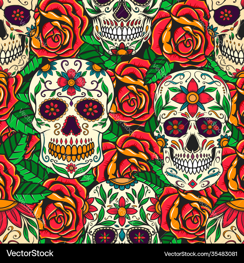 Sugar Skull & Rose Pattern Royalty Free Vector Image