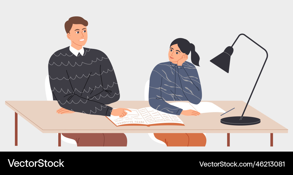 Teacher and student sitting together at table Vector Image