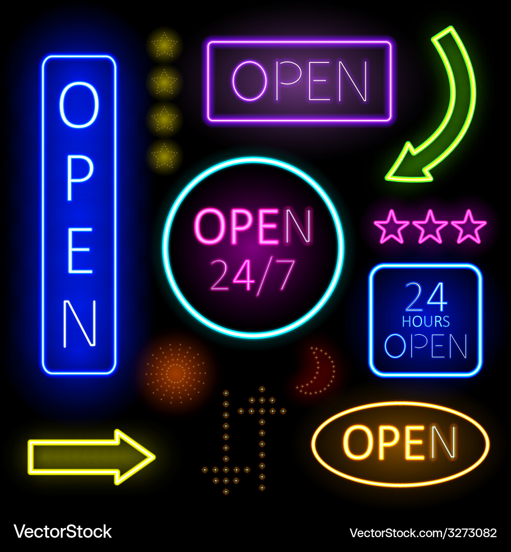 Colorful Glowing Open Signs Royalty Free Vector Image