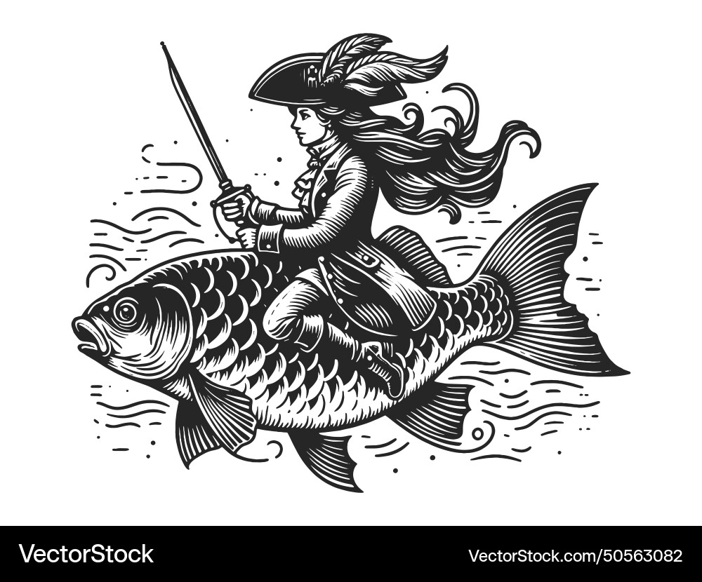Pirate captain riding fish sketch Royalty Free Vector Image