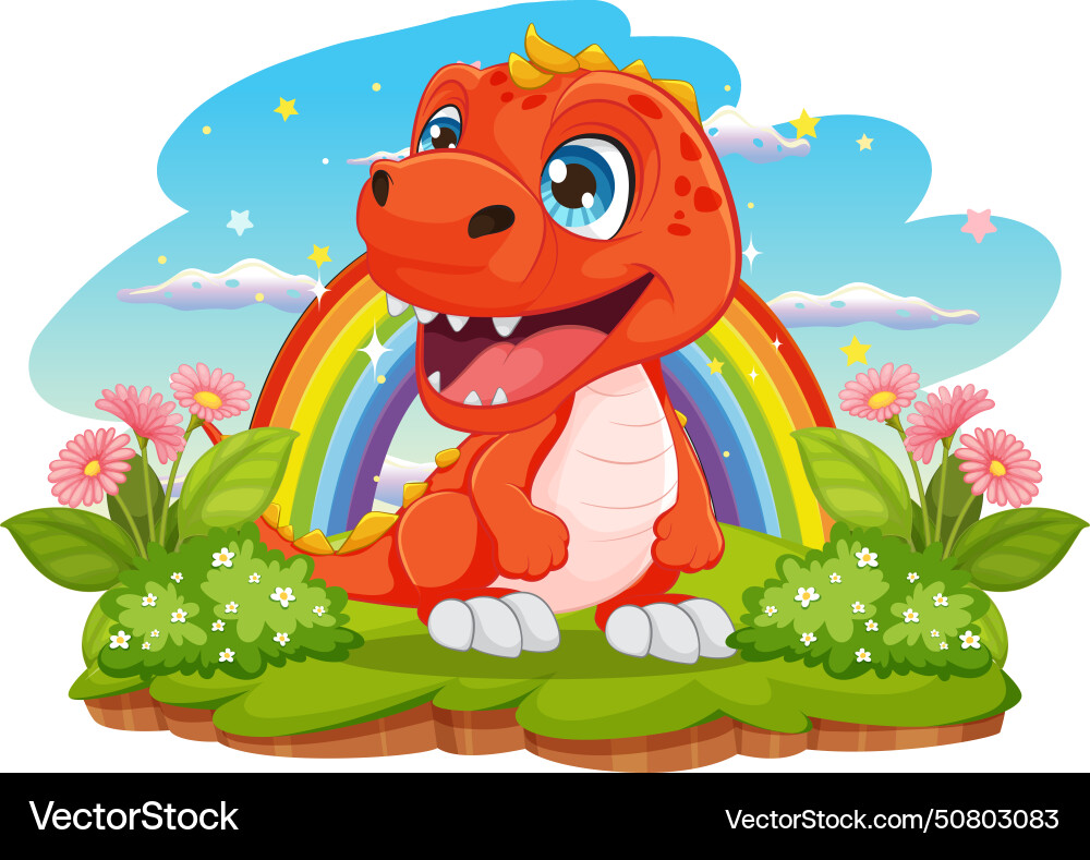 Happy cartoon dinosaur with a rainbow background Vector Image