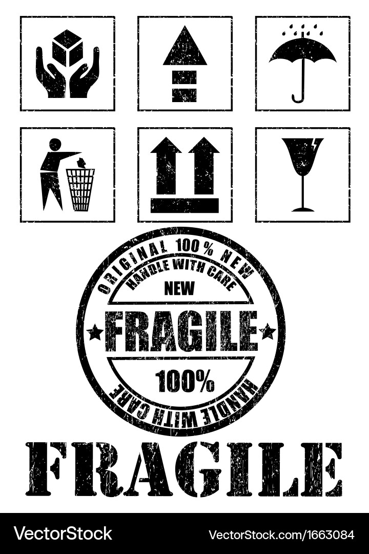 Safety fragile signs and stamp Royalty Free Vector Image