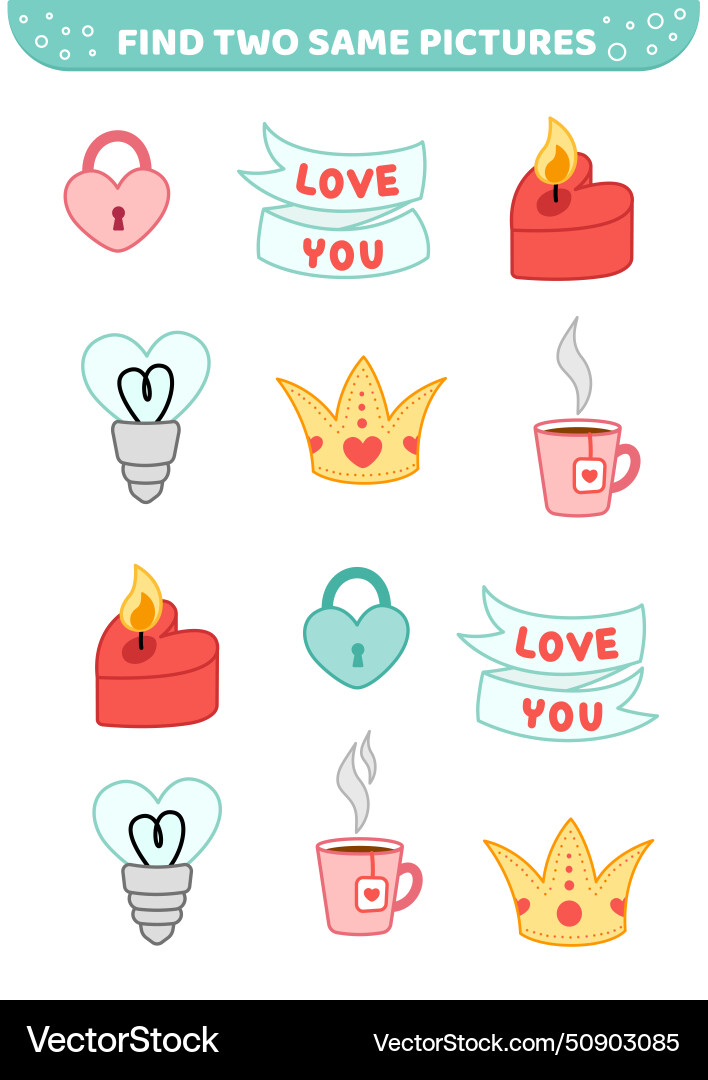 Find two same pictures romance items Royalty Free Vector