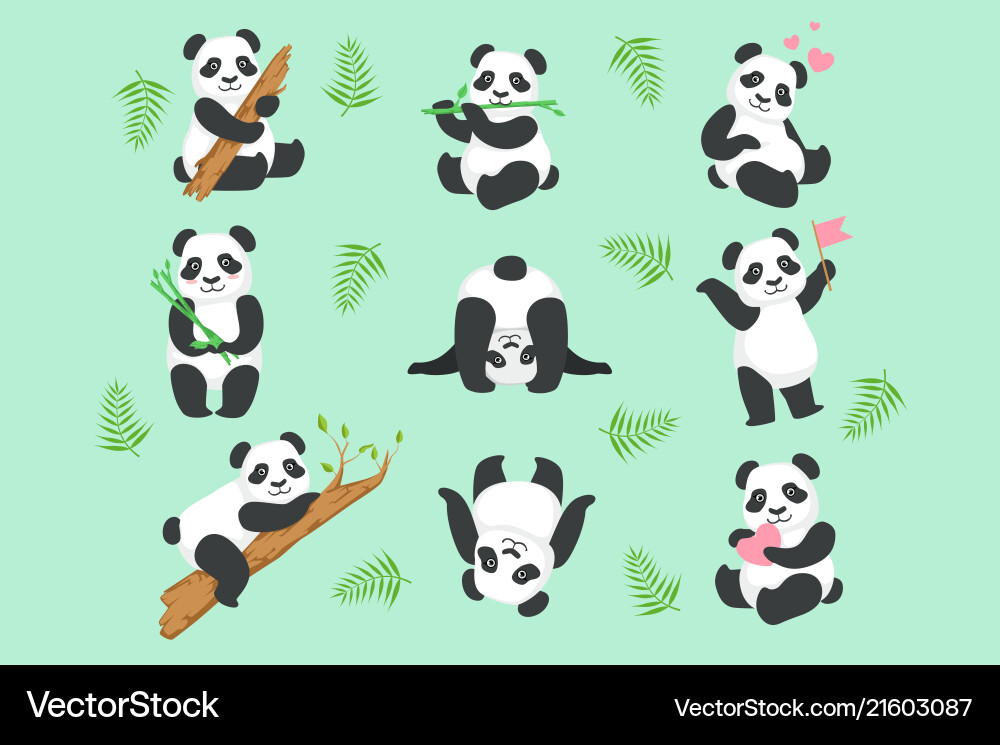 Adorable Panda Characters - Diverse Poses Vector Image