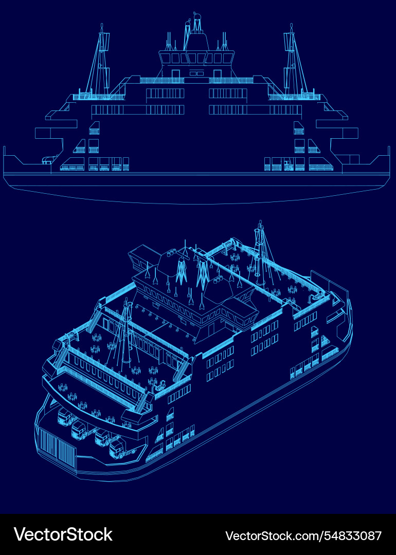 Blue drawing of a ship with background Royalty Free Vector