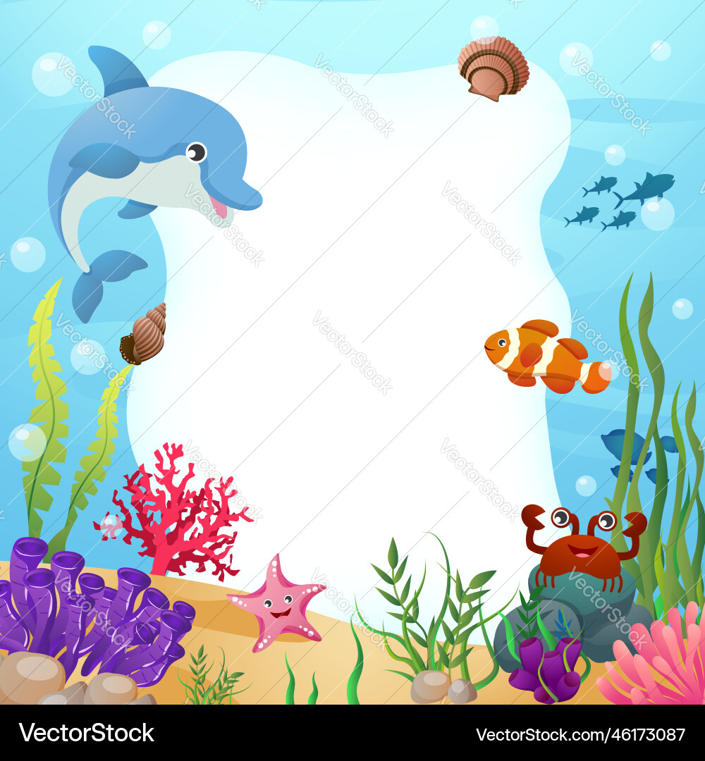 Sea life animals with ocean scene and rectangular Vector Image