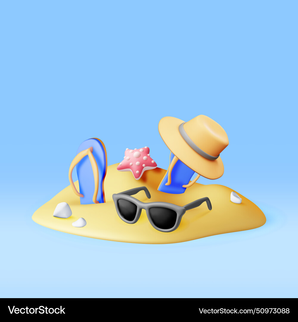 3d beach flip flops hat sunglasses in sand Vector Image