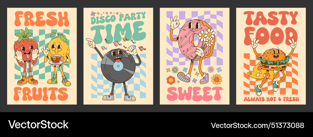 Groovy posters fast food and fruit characters Vector Image