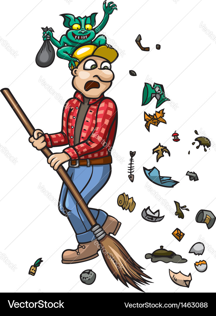 Trash monster and janitor Royalty Free Vector Image