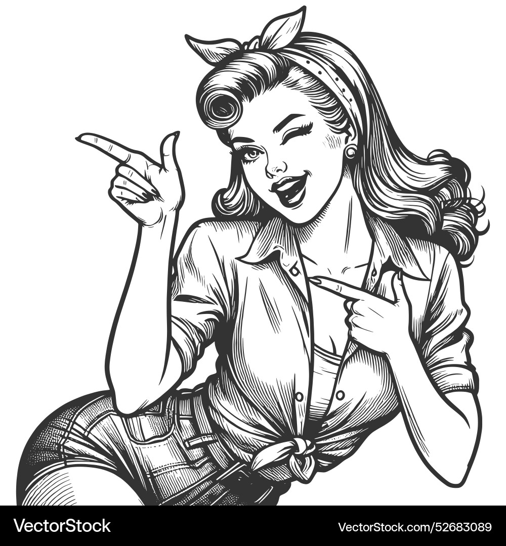 Pin Up Woman Winking And Pointing Royalty Free Vector Image