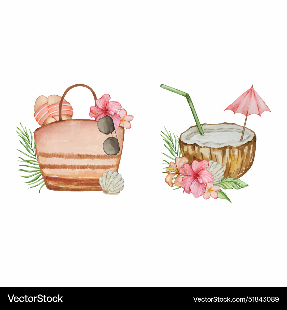 Watercolor summer holiday beach set Royalty Free Vector